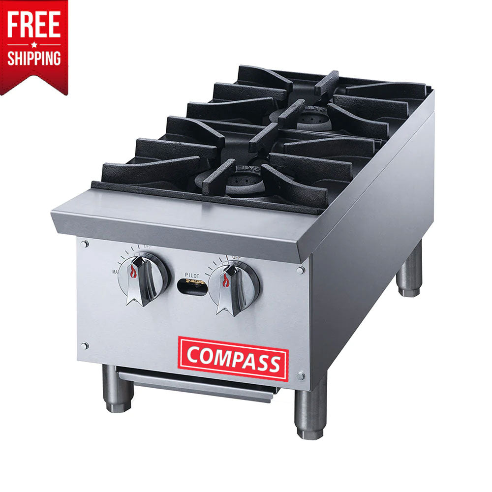 Compass DCHPA12 12" Hot Plate – 2 Burners, 56,000 BTU, NG/LP, Stainles ...